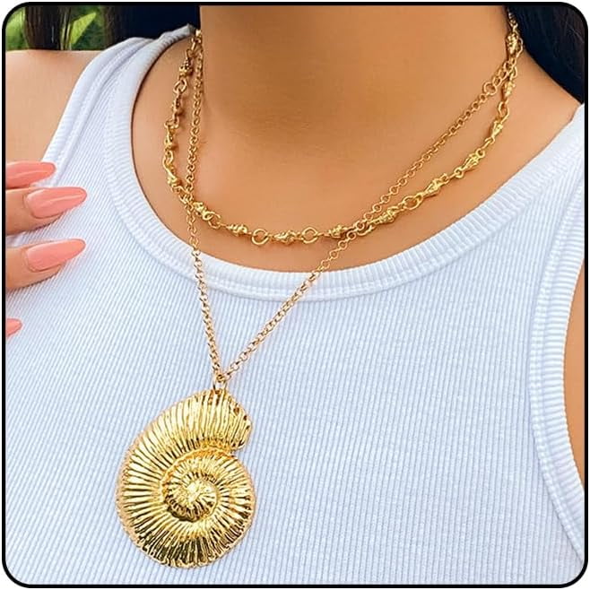 Chunky Gold Conch Shell Pendant Necklace for Women, Boho Seashell ...
