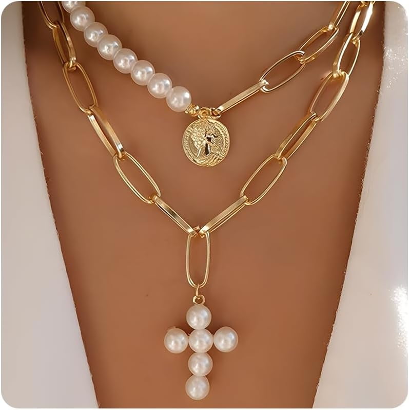 Chunky Gold Cross Necklace for Women Gold Chunky Cross Pearl Pendant ...