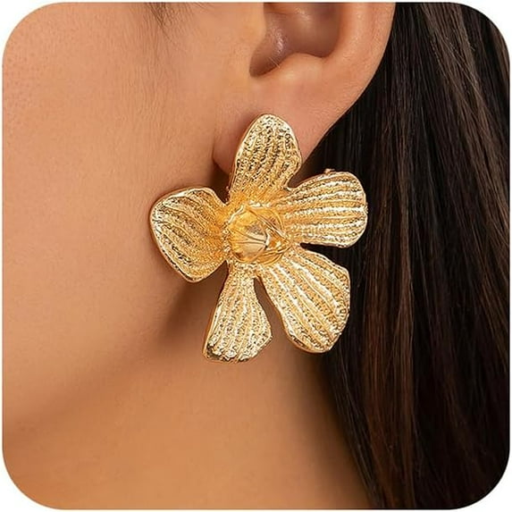 Chunky Gold Flower Earrings - Rose Flower & Geometric Designs - Trendy ...