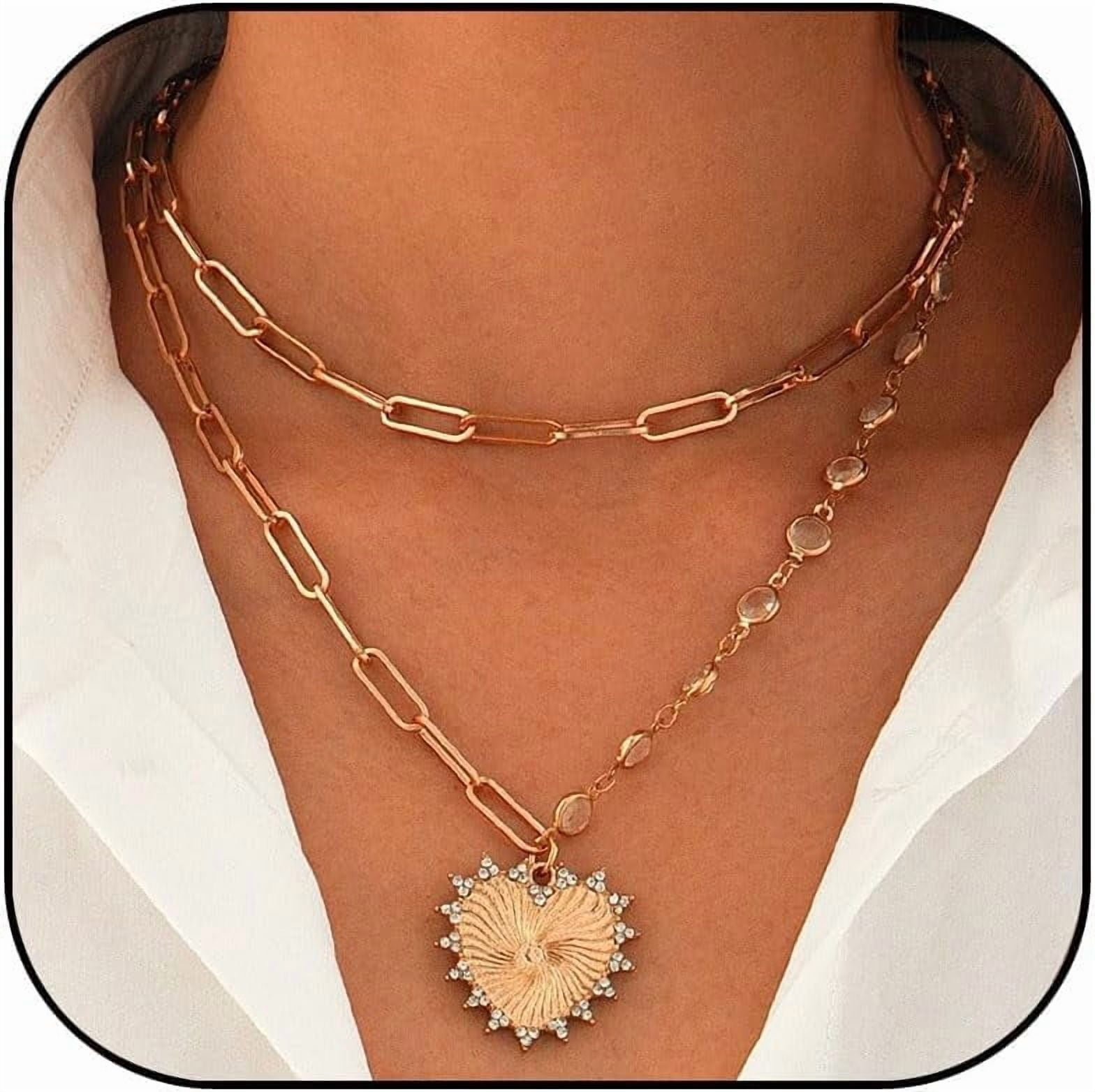 Chunky Gold Heart Pendant Necklace for Women Evil Eye Paperclip Link ...