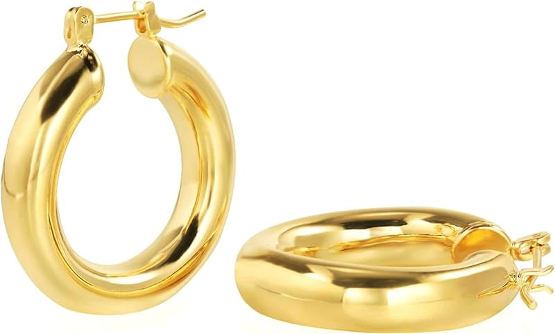 Chunky Gold Hoop Earrings for Women, 14k Gold Plated Thick Triple Hoop ...