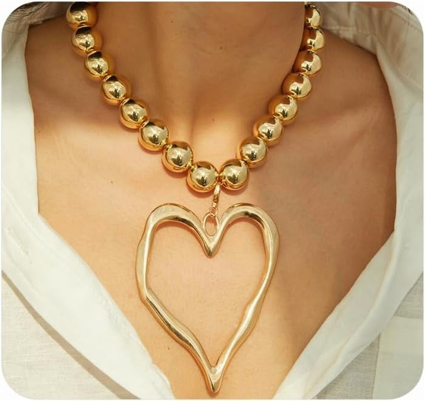 Chunky Gold Large Heart Necklace,Beaded Chain Heart Pendant Necklace ...
