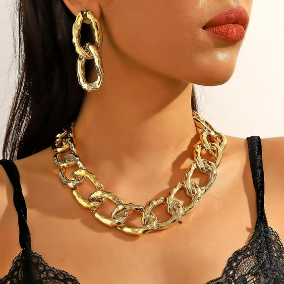 Chunky Gold Statement Necklace and Earrings Set for Women, Bold Chain ...
