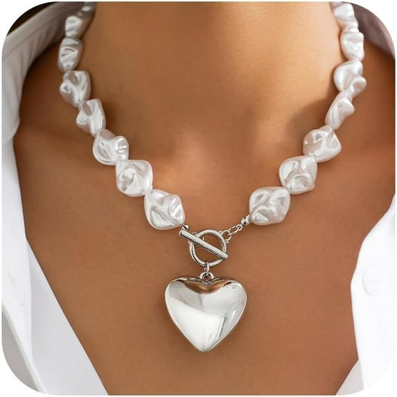 Chunky Heart Necklace Baroque Pearls Necklaces for Women Silver Layered ...