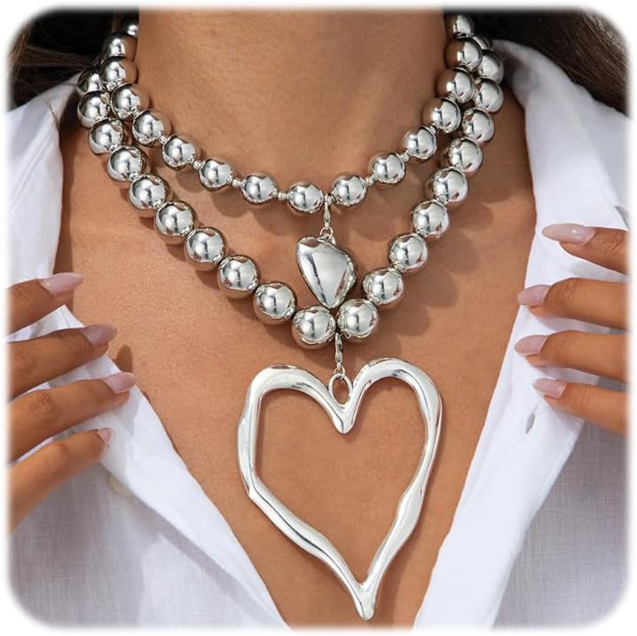 Chunky Heart Necklace for Women,Y2k Large Pearl Beads Heart Choker ...