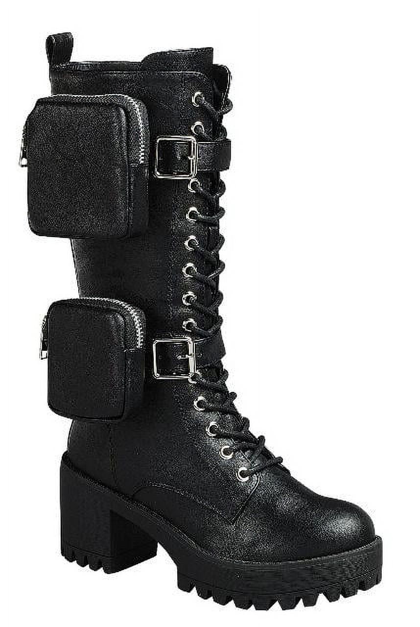 Chunky Heel Lug Sole Double Pocket Moto Chic Platform Combat Boot ...