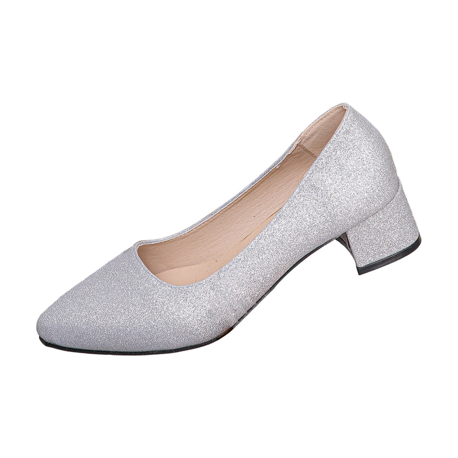 Chunky Heel Plus Size Sequined Pointed Toe Low Cut Single Shoes Pointed ...