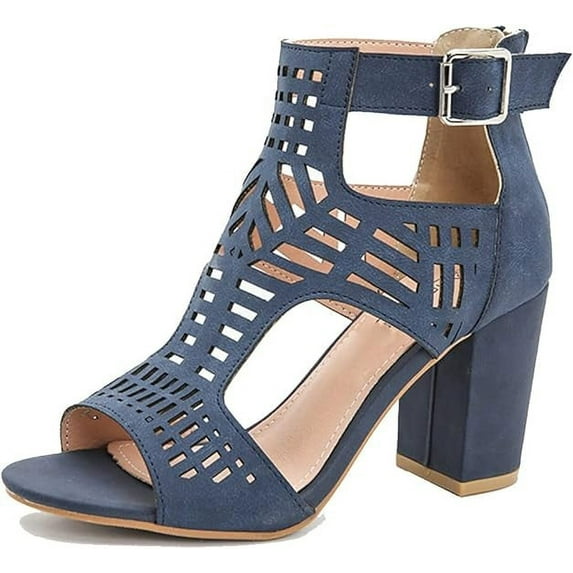 Chunky Heel Sandals for women Cut Out Peep Toe Zipper Block Heel ...