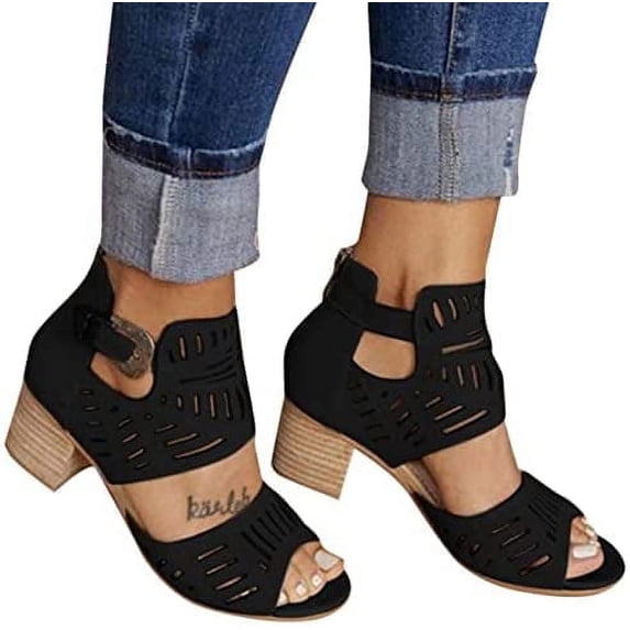 Chunky Heeled Sandals for Womens,Cutout Open Toe Summer Block Heeled ...