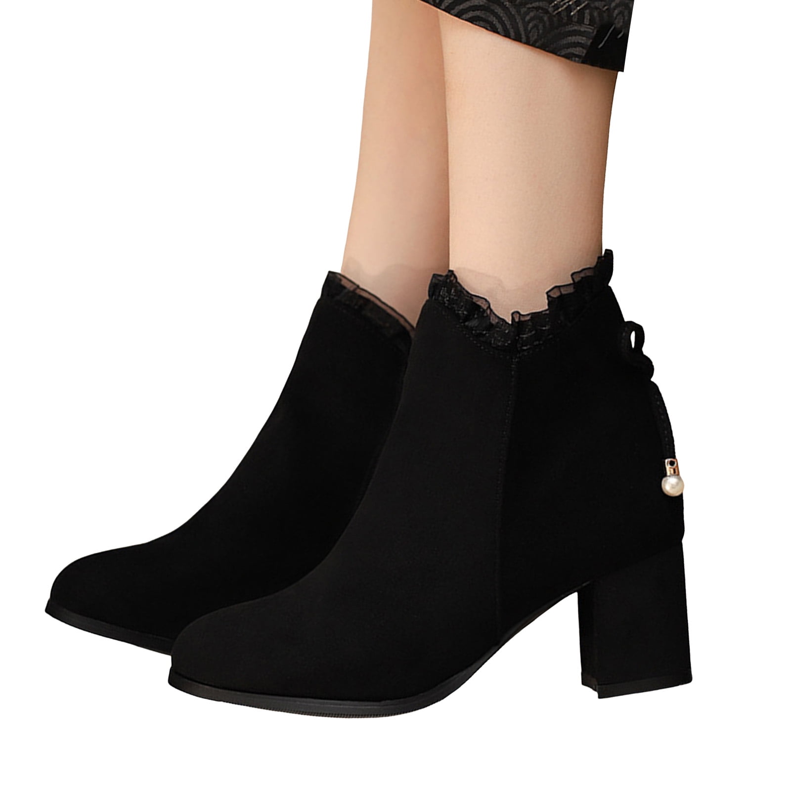 Chunky Heeled Suede Ankle Boots for Women Lace Ruched Slip On Wide ...