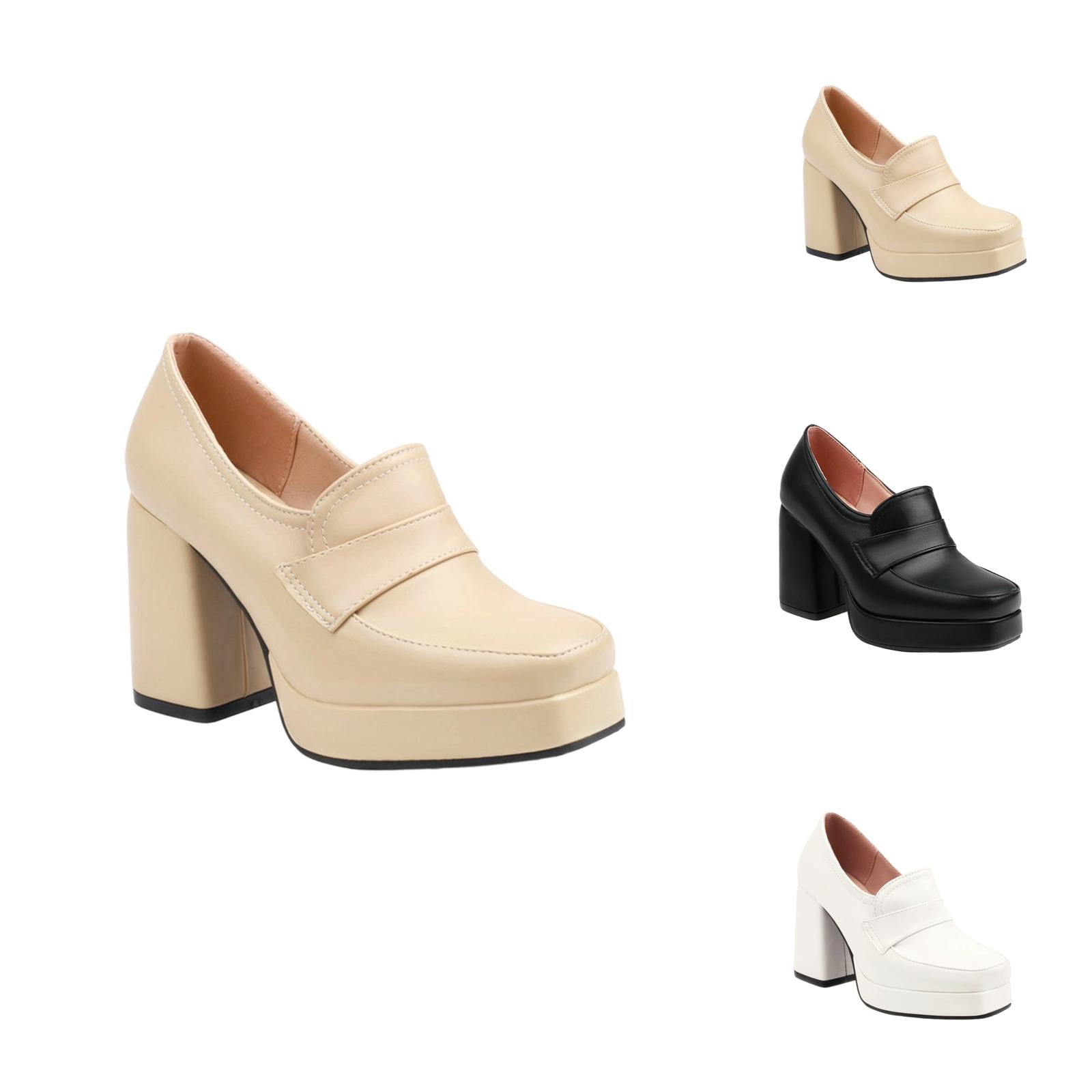High Heel Pumps for Women Closed Square Toe Thick Heel Platform Loafers ...