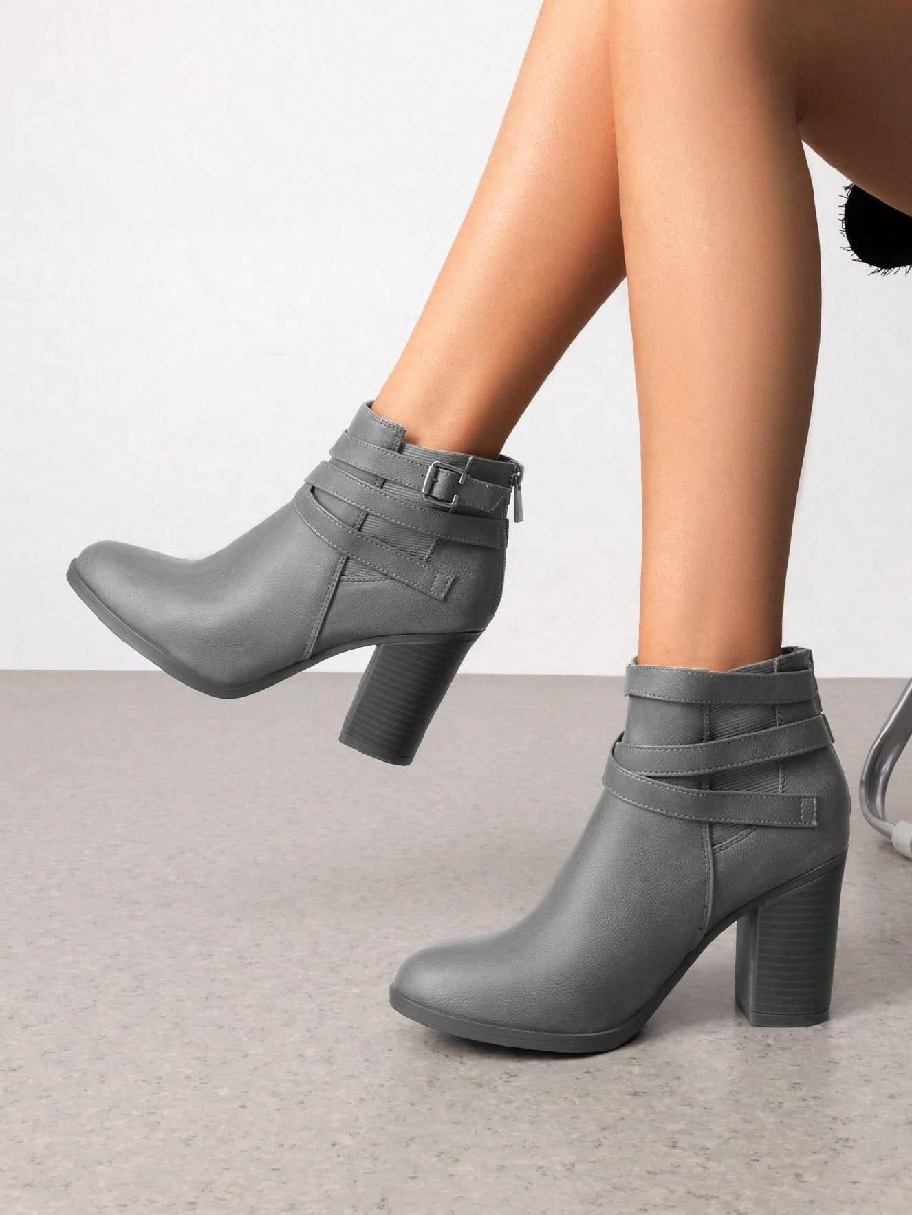 Chunky High Heel Women's Ankle Boots with Textured Pattern and Classic ...