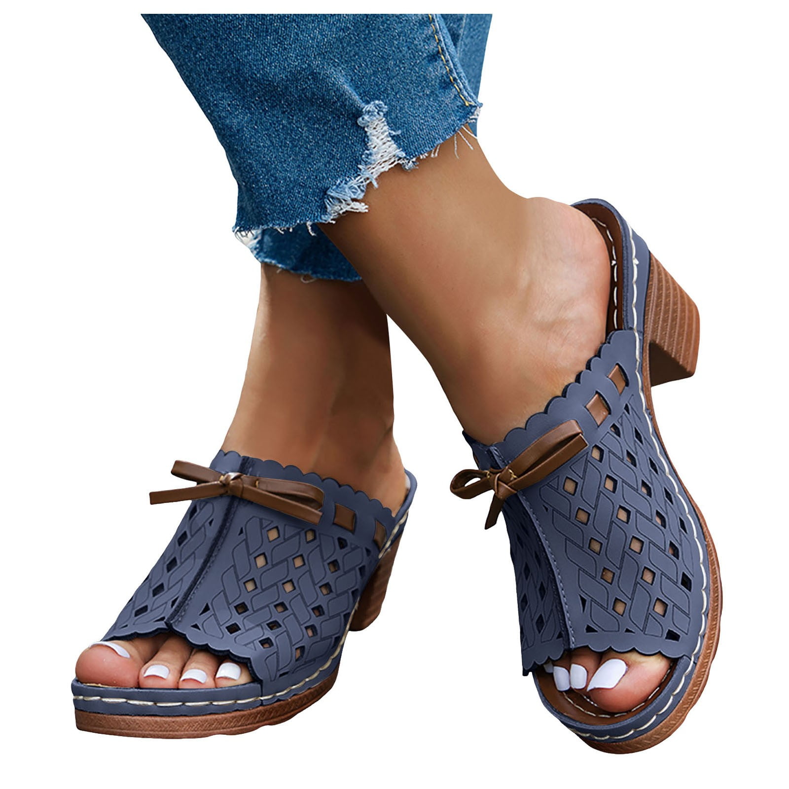 Chunky High Heels Slipper Sandals for Women Ladies 2025 Summer Bow Open ...