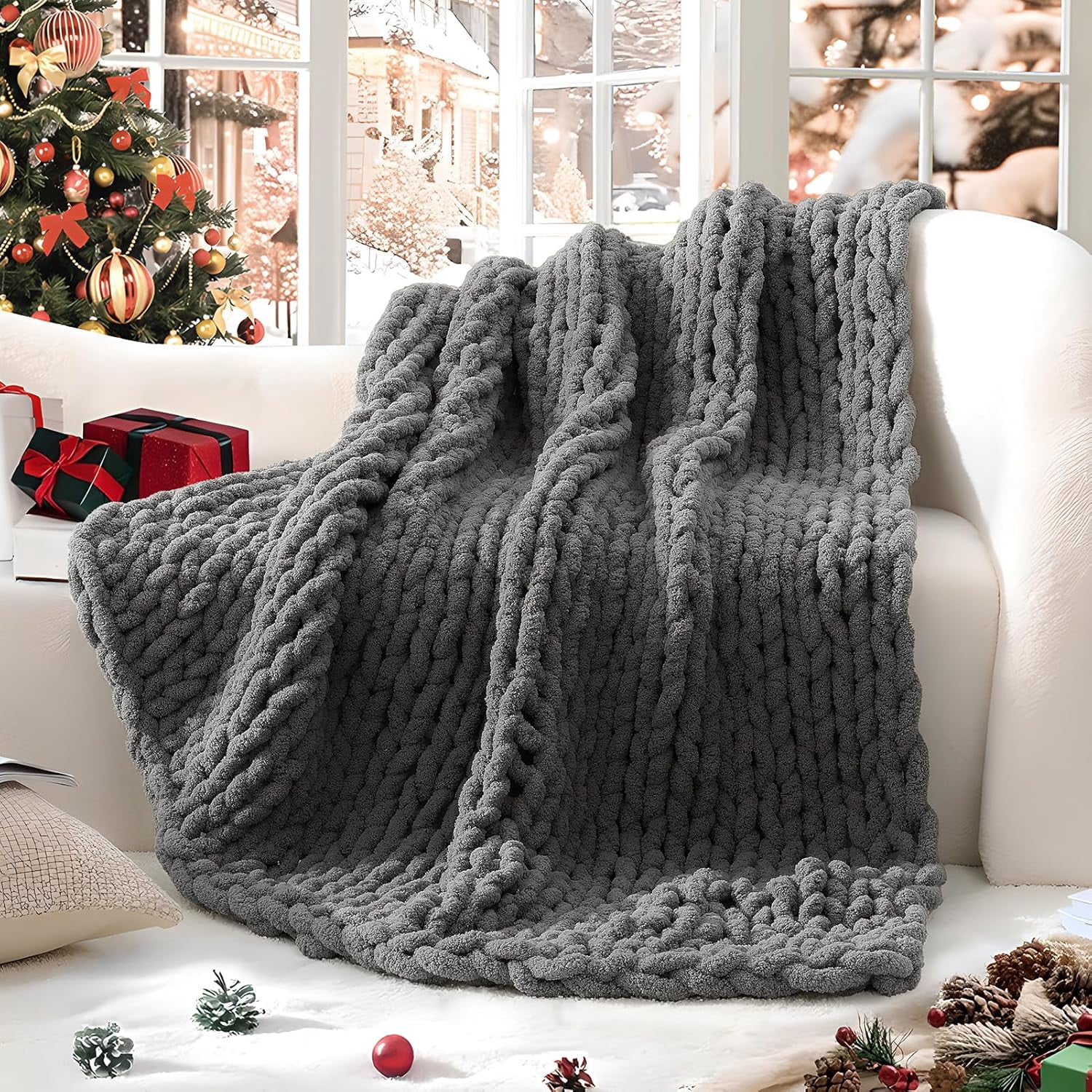 Chunky Knit Blanket, Dark Grey Large Chunky Knit Throw Blanket for ...