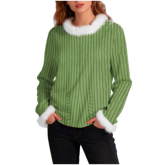 Chunky Knit Cotton Sweater Womens White Faux Fur Trim Holiday Striped ...