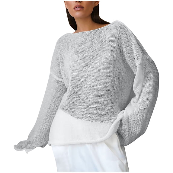 Chunky Knit Pullover Y2K Tops for Women Sheer Mesh Sweater Slouchy ...