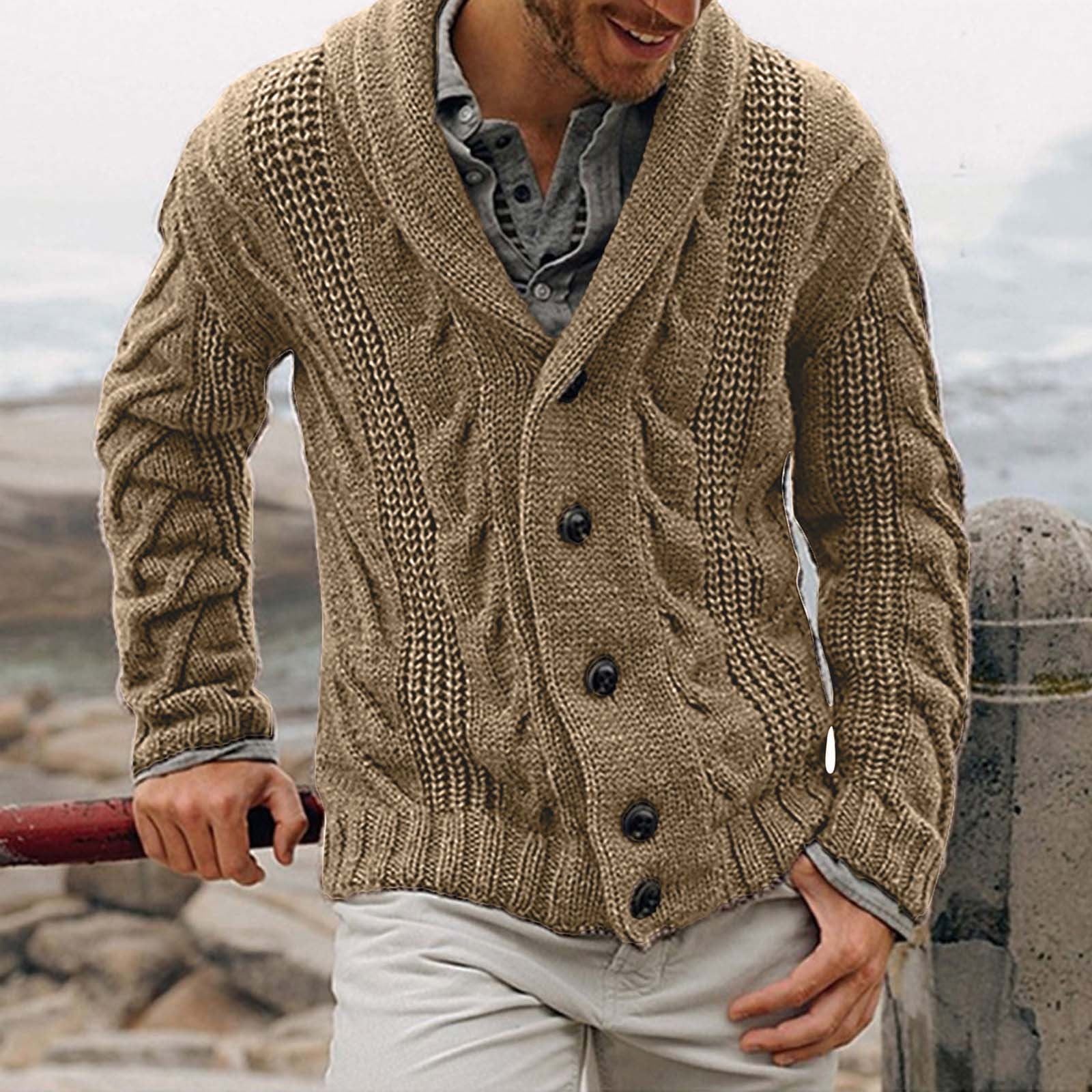 Chunky Knit Sweaters for Men Heavyweight Button Down Cardigan Shawl ...