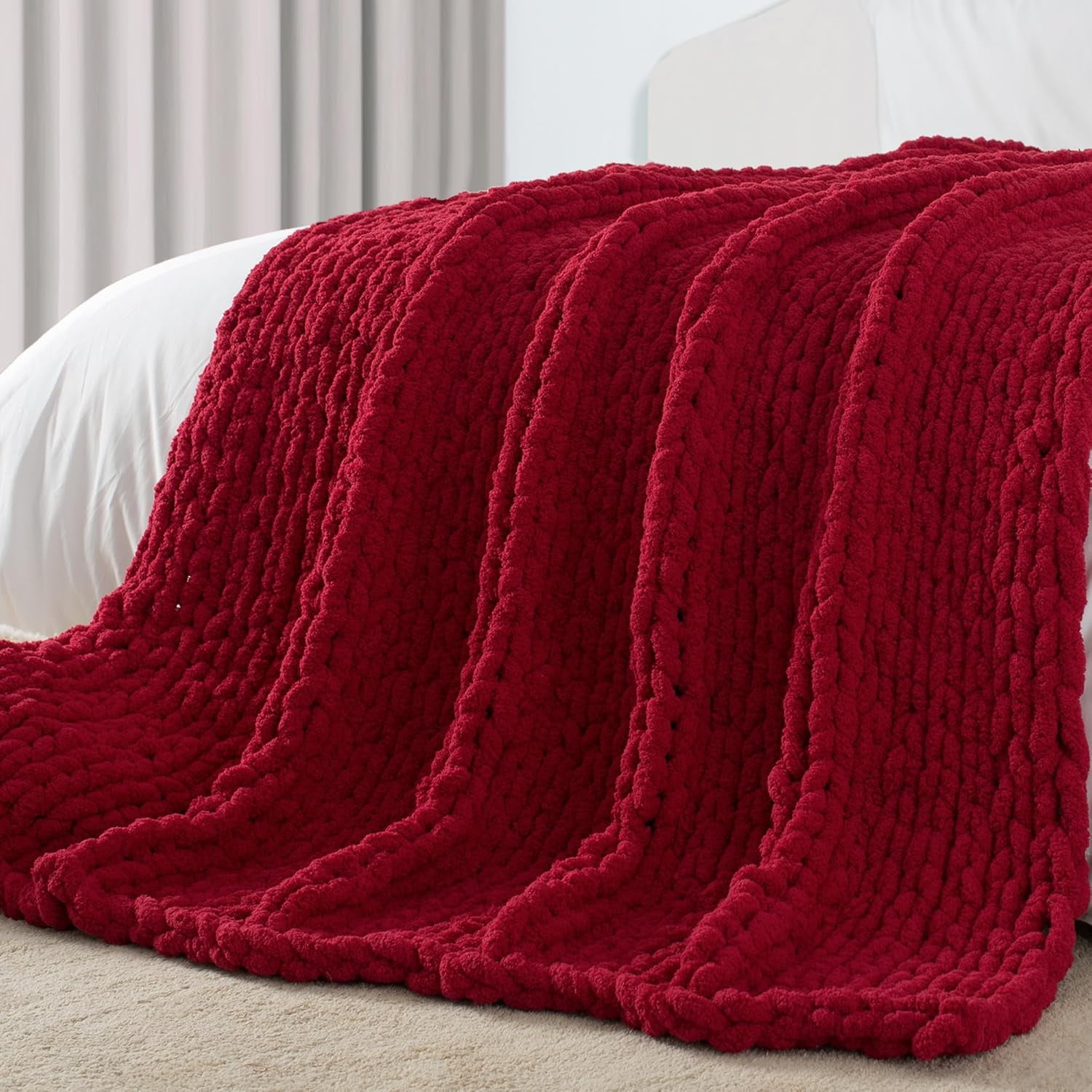 Chunky Knit Throw Blanket 50" X 60", 100% Hand Made Large Chenille Loop ...
