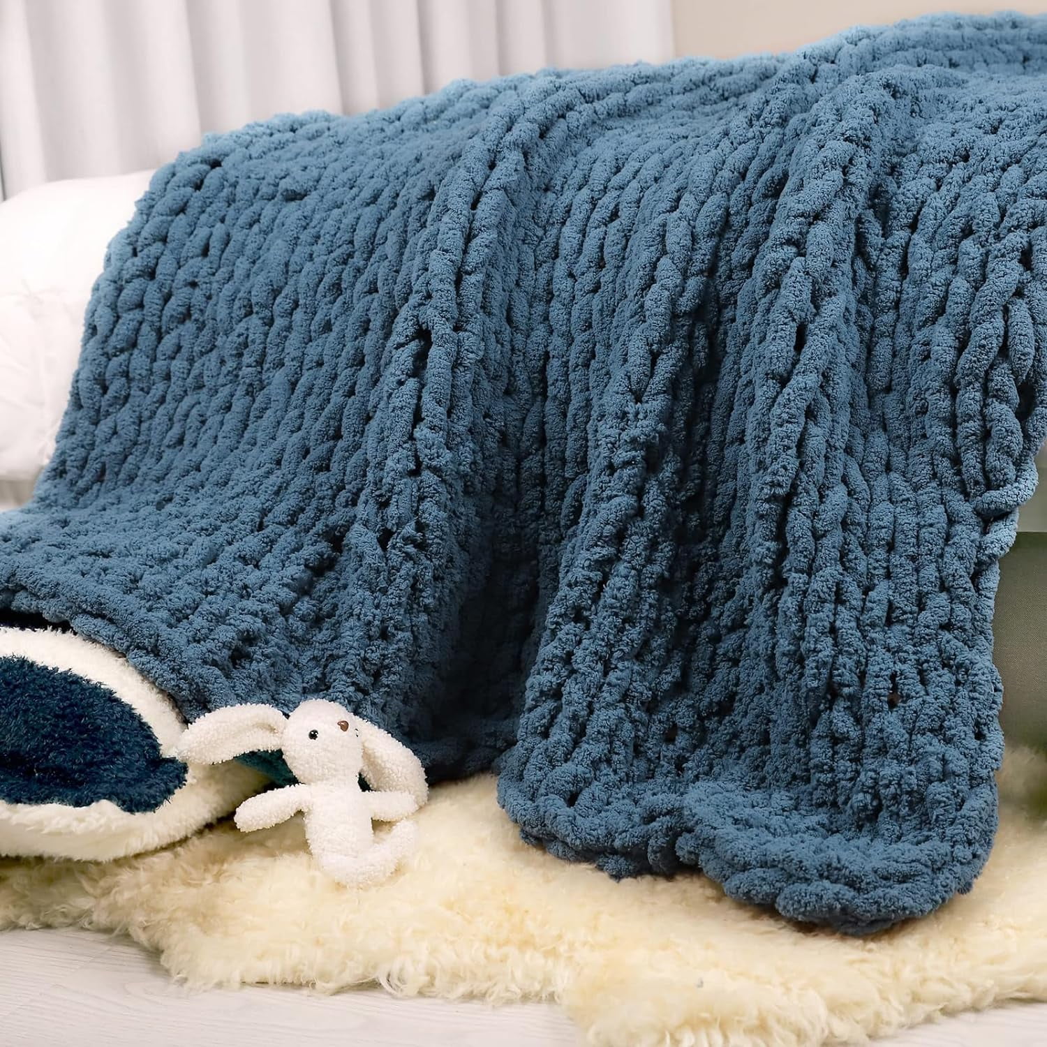 Chunky Knit Throw Blanket 50" X 60", 100% Hand Made Large Chenille Loop ...