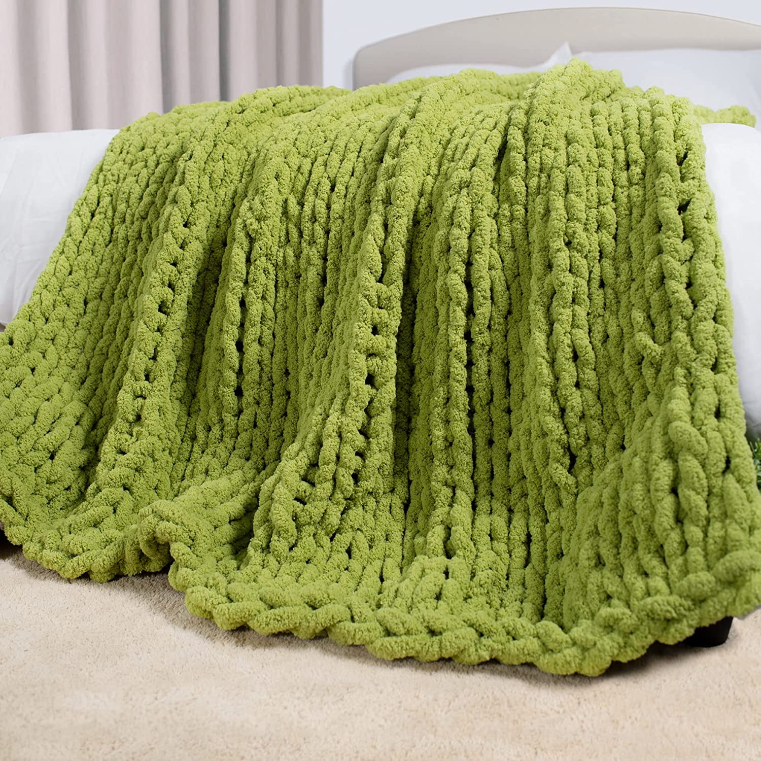 Chunky Knit Throw Blanket 50" X 60", 100% Hand Made Large Chenille Loop ...