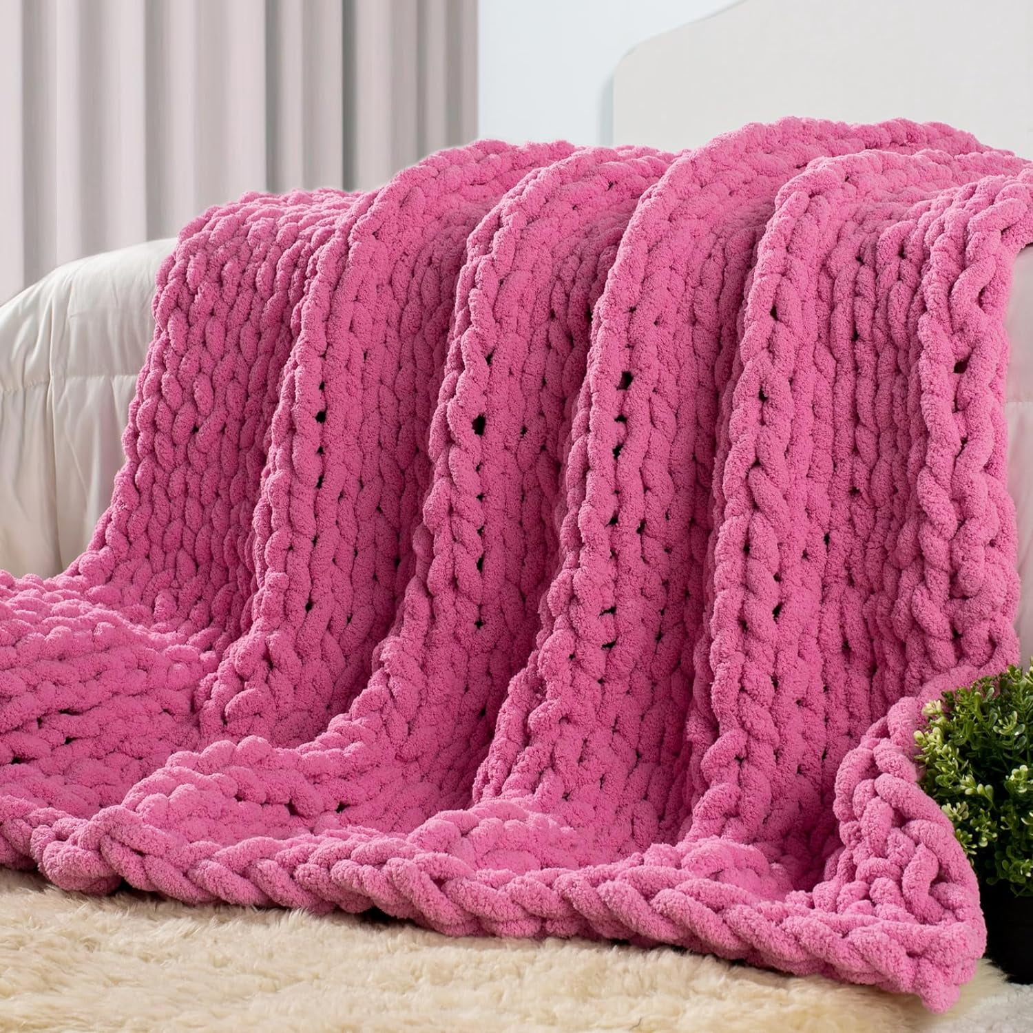 Chunky Knit Throw Blanket 50" X 60", 100% Hand Made Large Chenille Loop Yarn Soft Fluffy Throws ...
