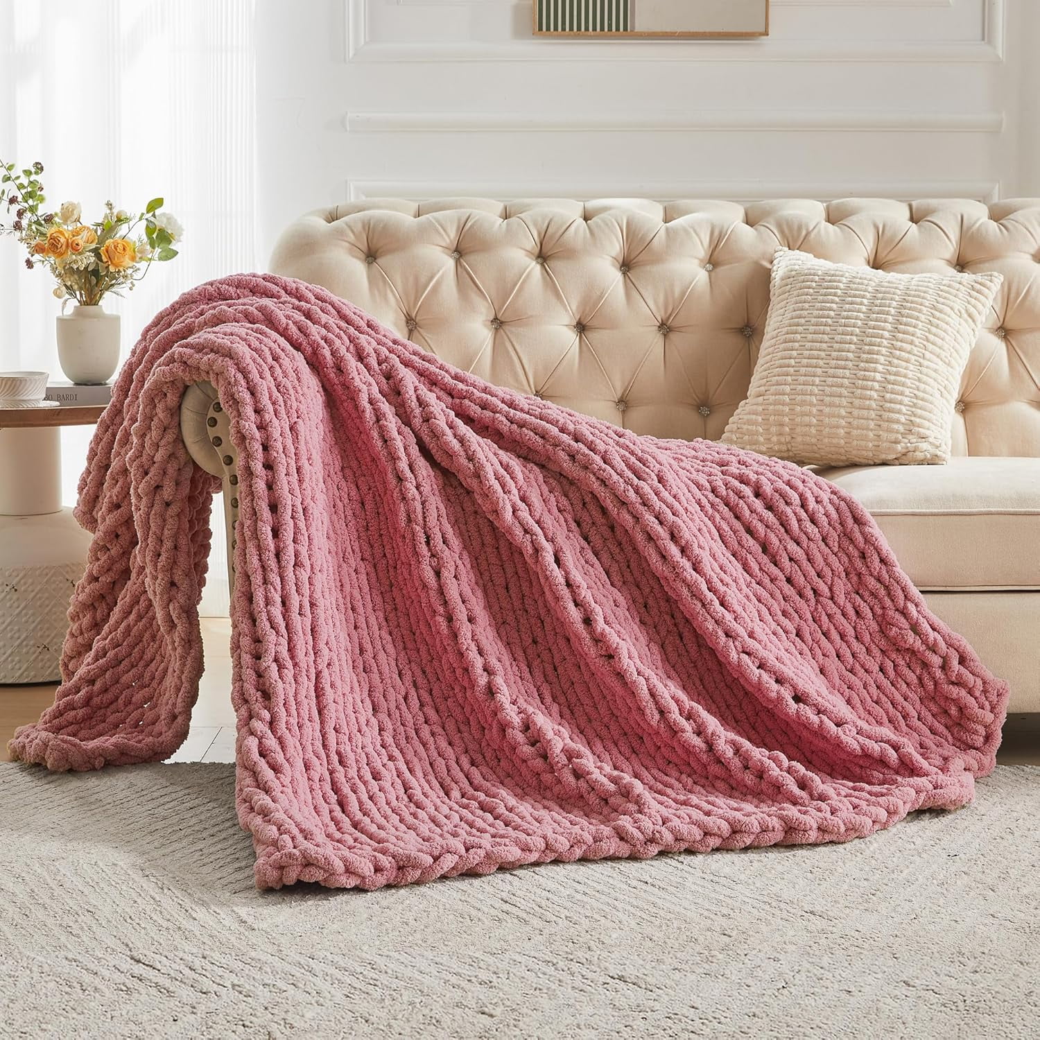 Chunky Knit Throw Blanket 50" X 60", 100% Hand Made Large Chenille Loop ...