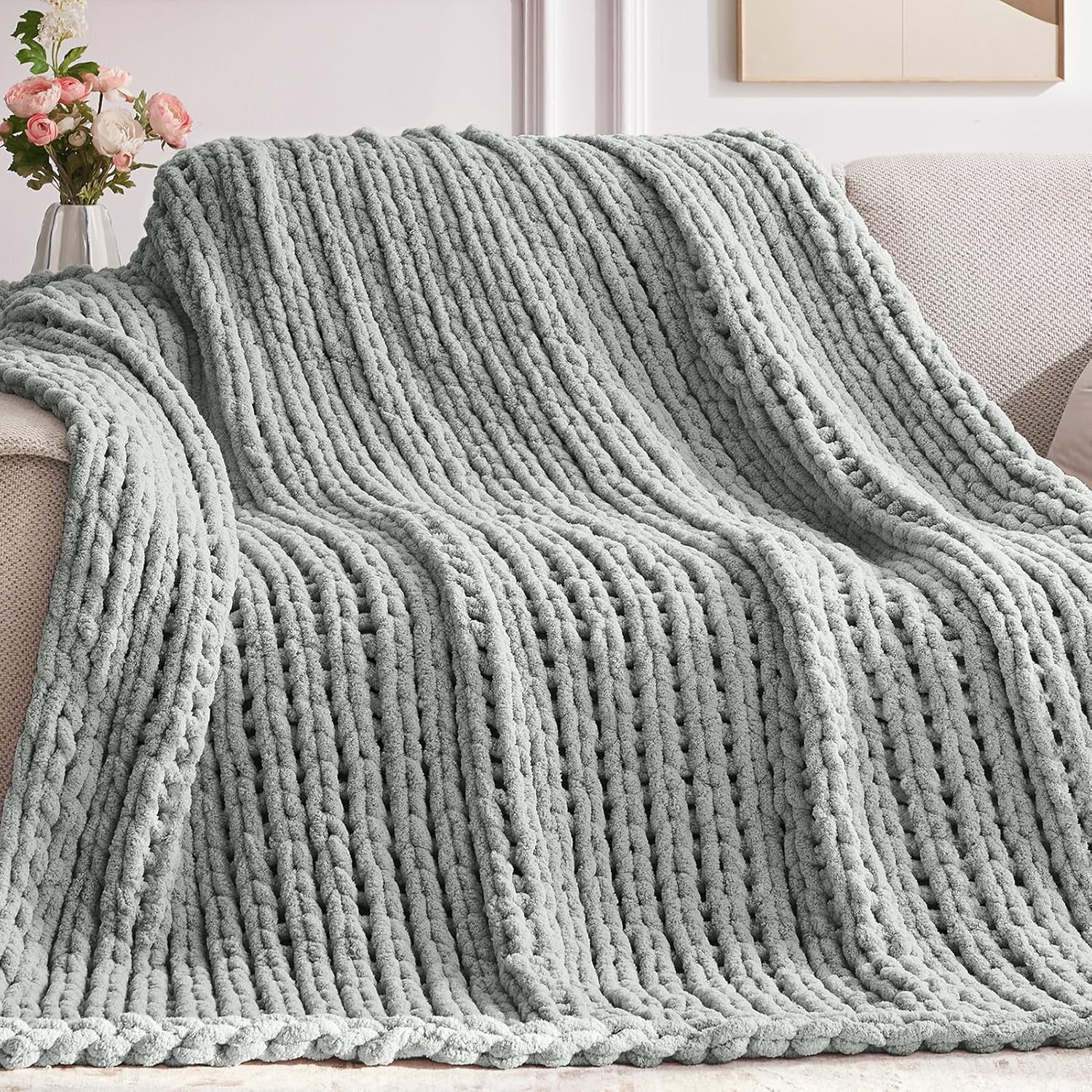 Chunky Knit Throw Blanket, 60''*80'' Knitted Throw Chenille Blankets ...