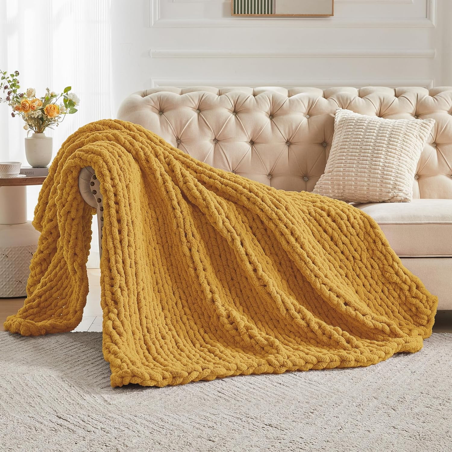 Chunky Knit Throw Blanket 60" X 80" Twin, 100% Hand Made Large Chenille Loop Yarn Soft Fluffy ...