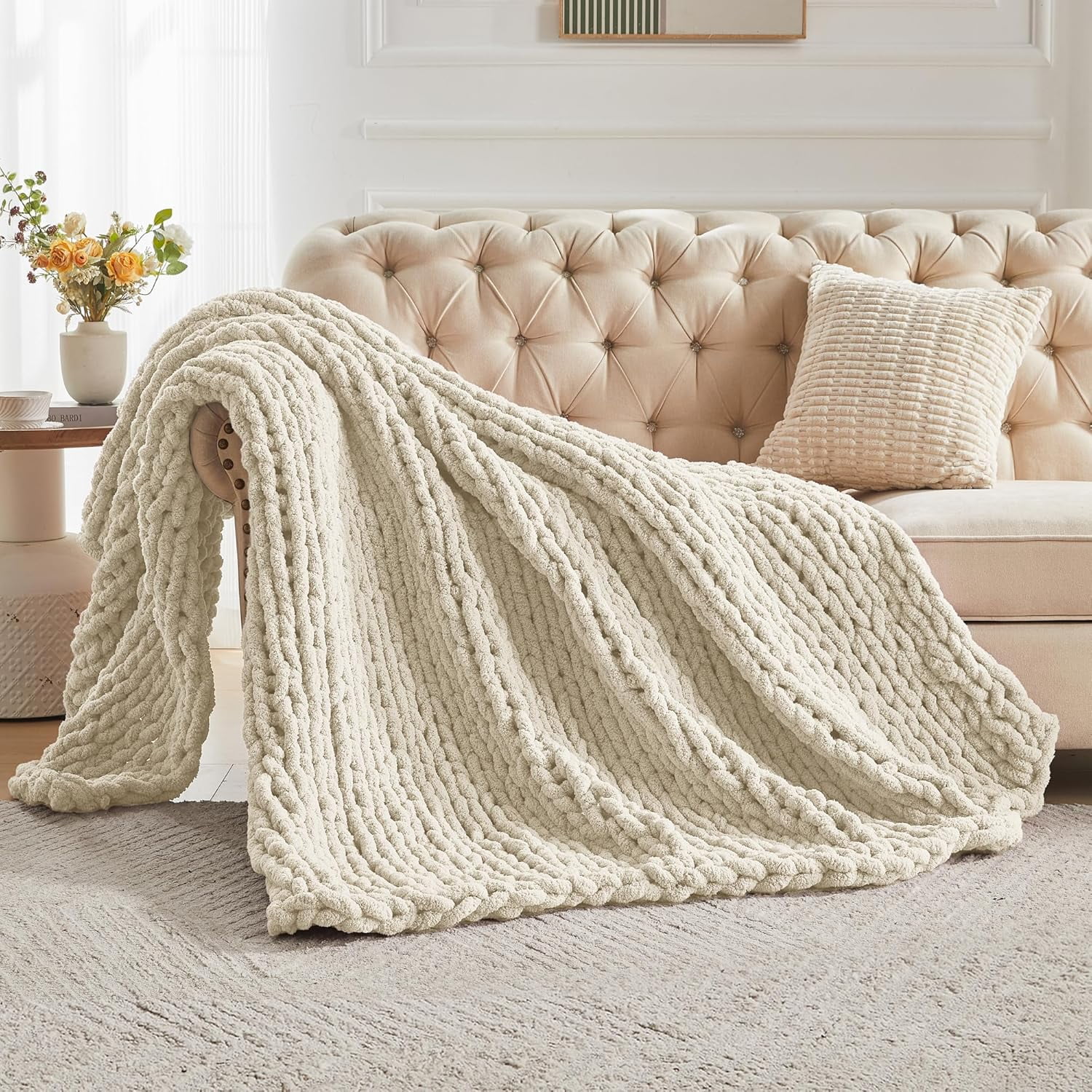 Chunky Knit Throw Blanket 60" X 80" Twin, 100% Hand Made Large Chenille ...