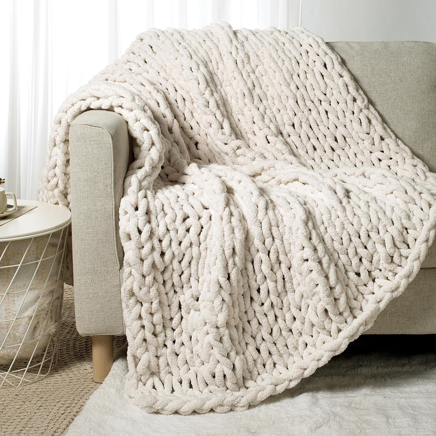 Chunky Knit Throw Blanket 60" X 80" Twin, 100% Hand Made Large Chenille Loop Yarn Soft Fluffy ...