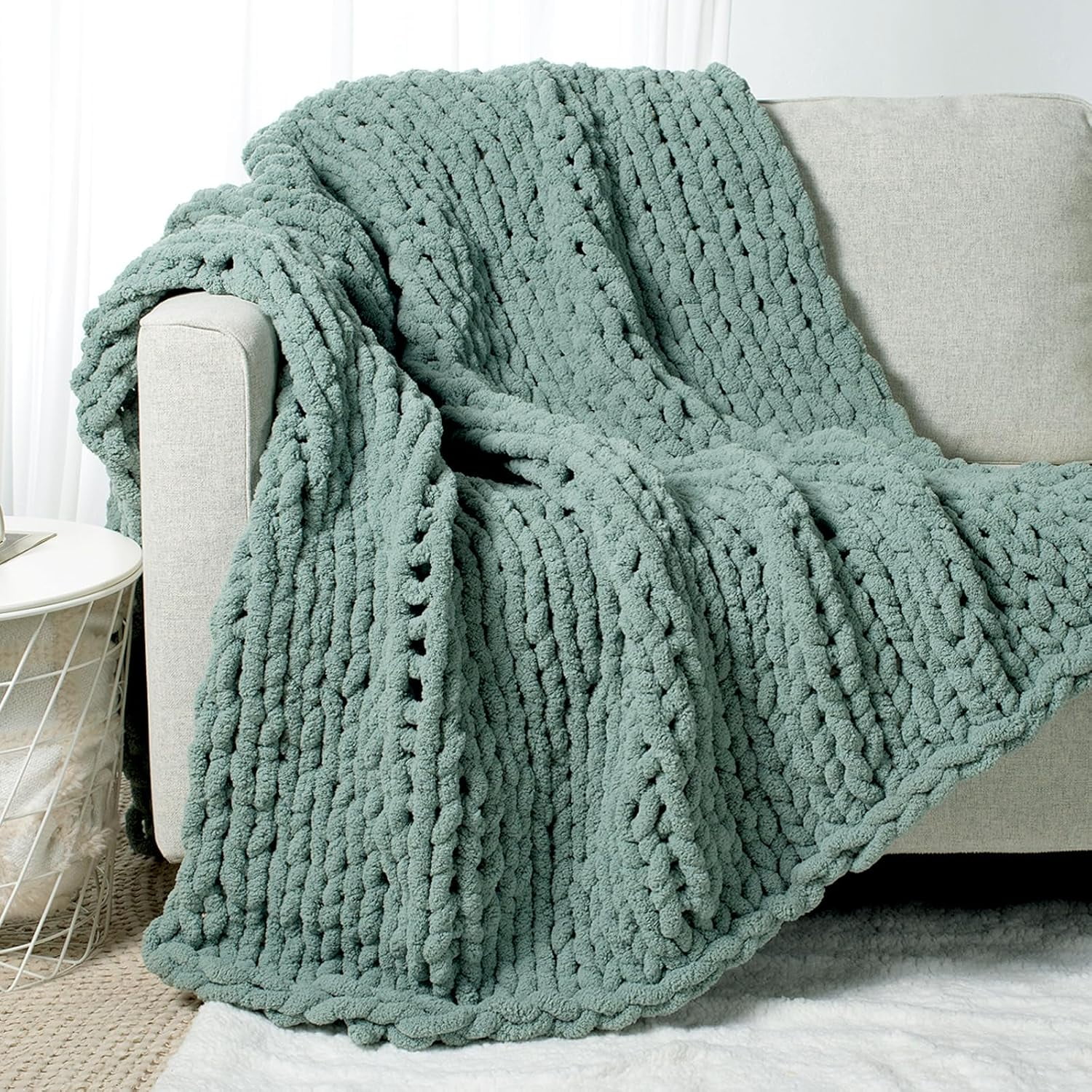 Chunky Knit Throw Blanket 60" X 80" Twin, 100% Hand Made Large Chenille ...