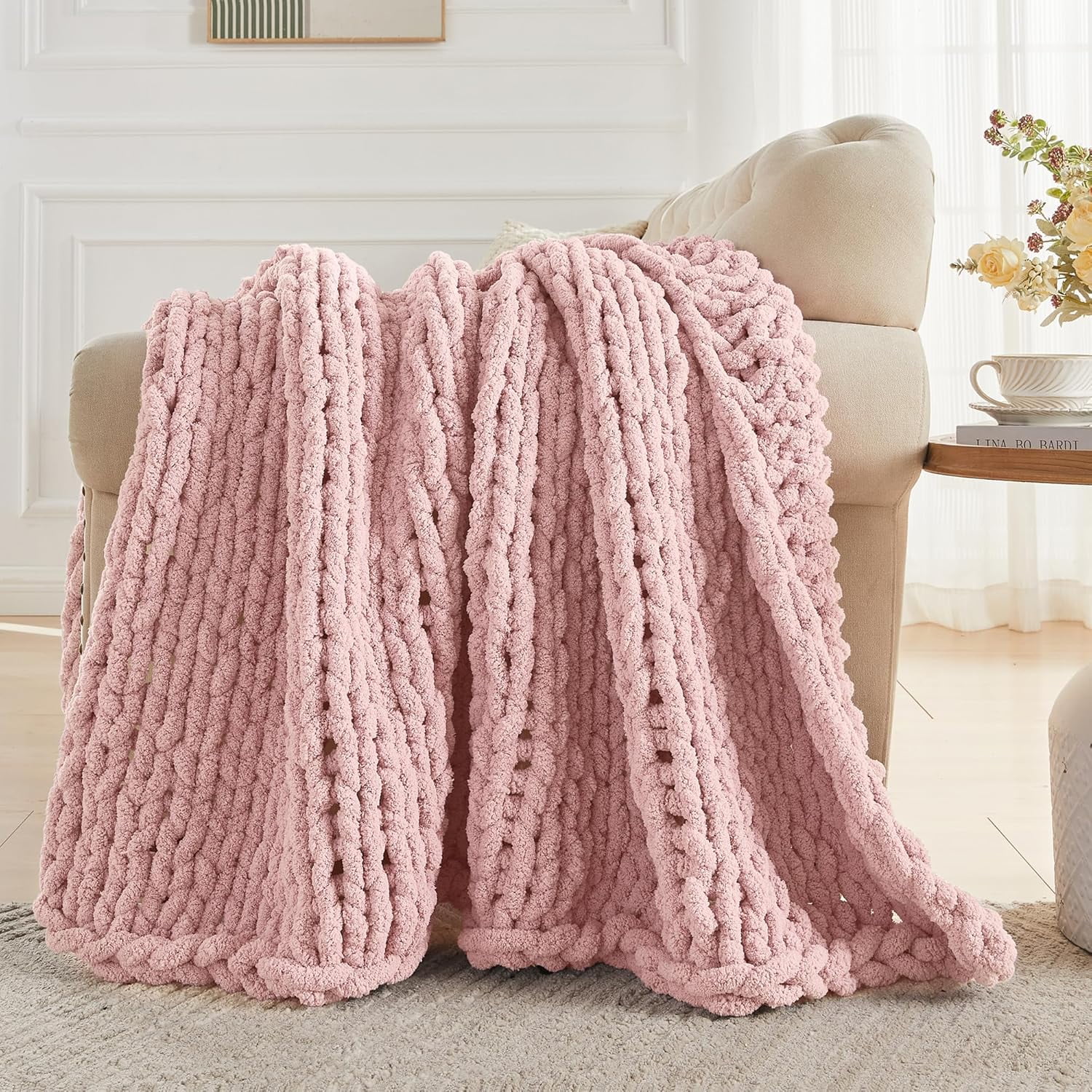 Chunky Knit Throw Blanket 60" X 80" Twin, Hand Made Large Chenille Yarn ...