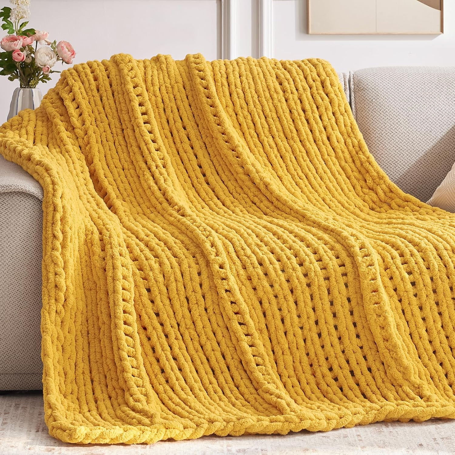 Chunky Knit Throw Blanket, 80''*90'' Knitted Throw Chenille Blankets ...