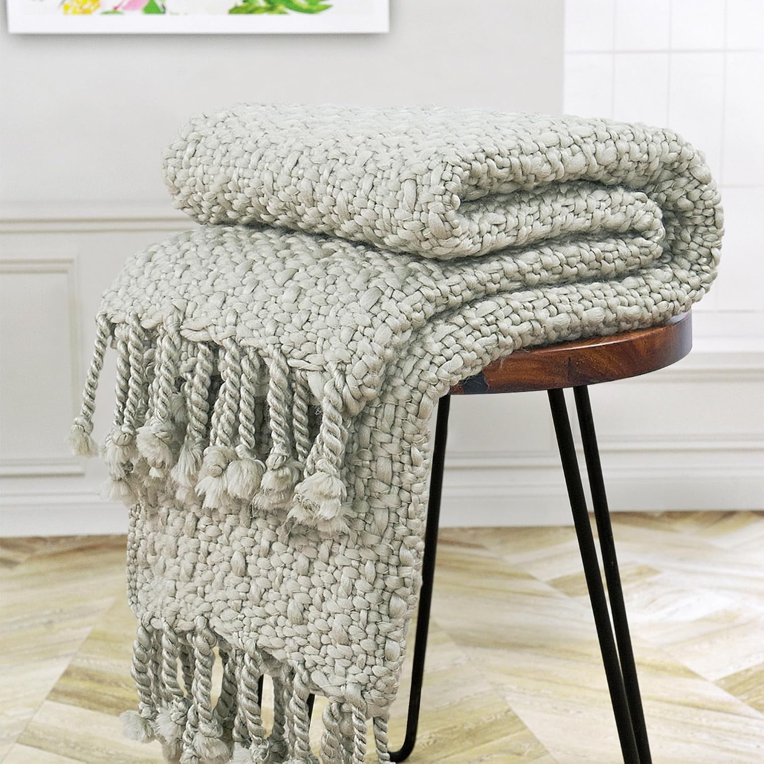 Chunky Knit Throw Blanket with Braided Tassels 50" x 60", Hand Knitted ...