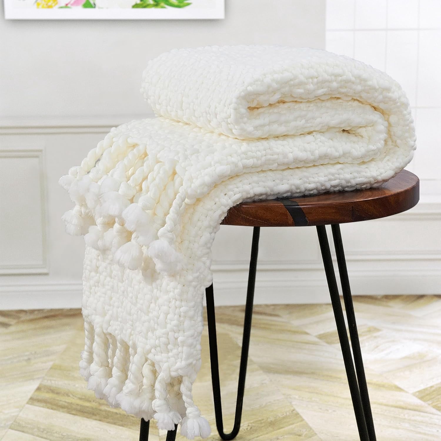 Chunky Knit Throw Blanket with Braided Tassels 50" x 60", Hand Knitted ...