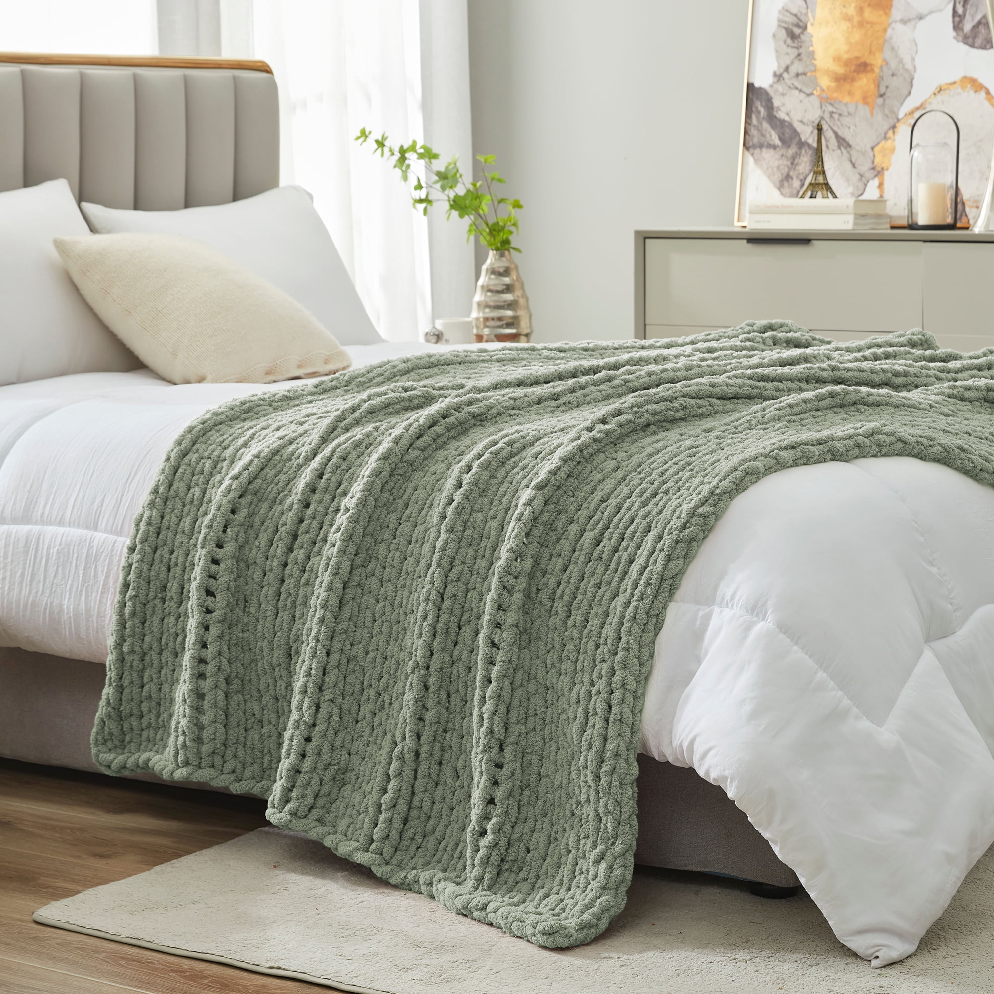 Chunky Knit Throw Blanket Chenille Reversible Bedding Blankets,Sage ...