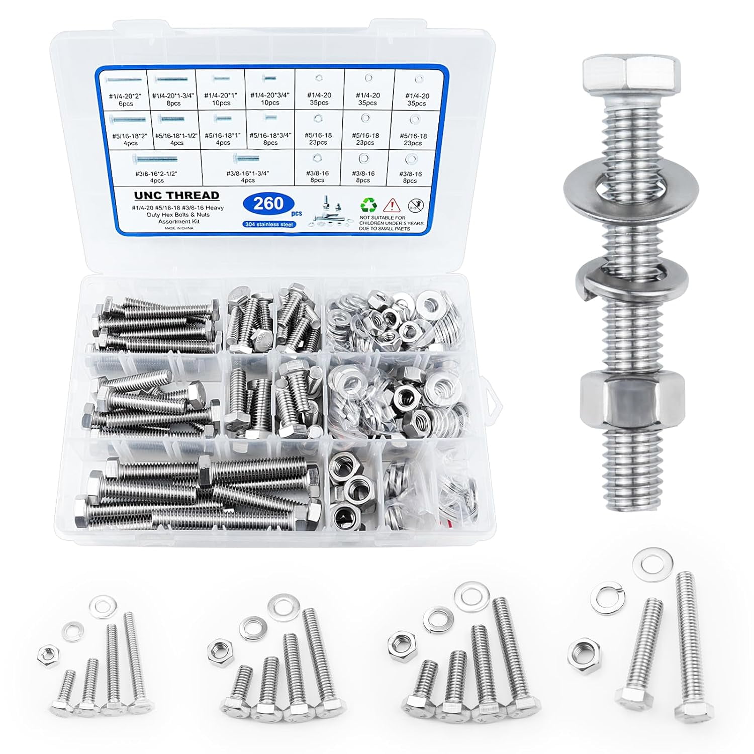 260PCS Hex Head Nuts and Bolts Assortment Kit, 1/4-20, 5/16-18, 3/8-16 ...