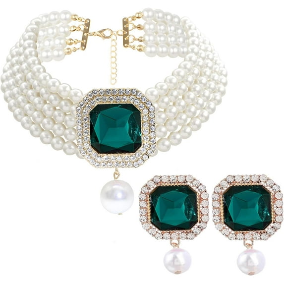 Chunky Layered Pearl Choker Necklace Crystal Rhinestone Pearl Necklace and Earrings Set for ...