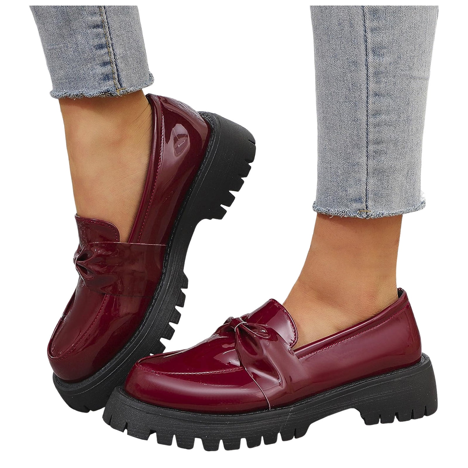 Chunky Loafers for Women Cute Bowtie Round Toe Leather Slip on Penny ...