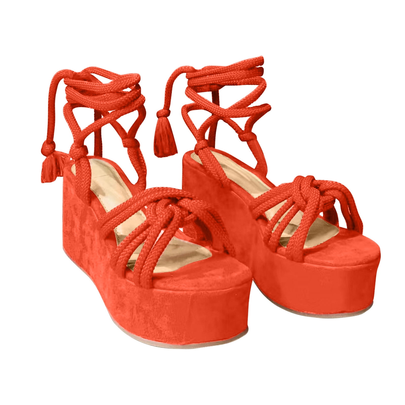 Chunky Sandals for Women Summer Casual Crossed Hemp Rope Straps Lace Up ...