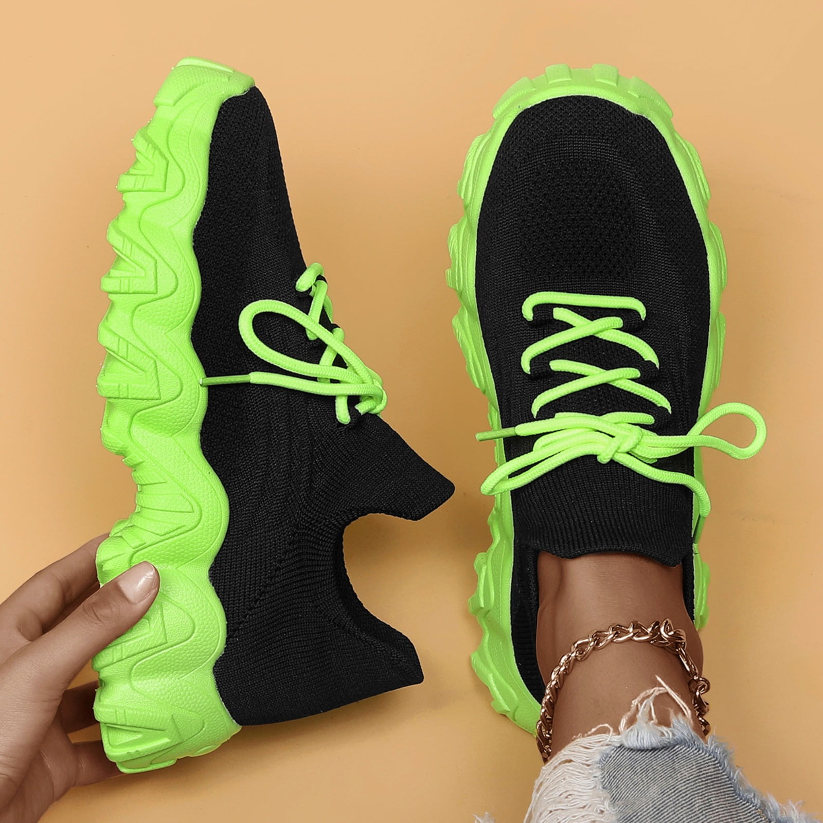 Chunky Sole Knit Sneakers for Women, Breathable Lace-Up Lightweight Walking Shoes, Cushioned ...