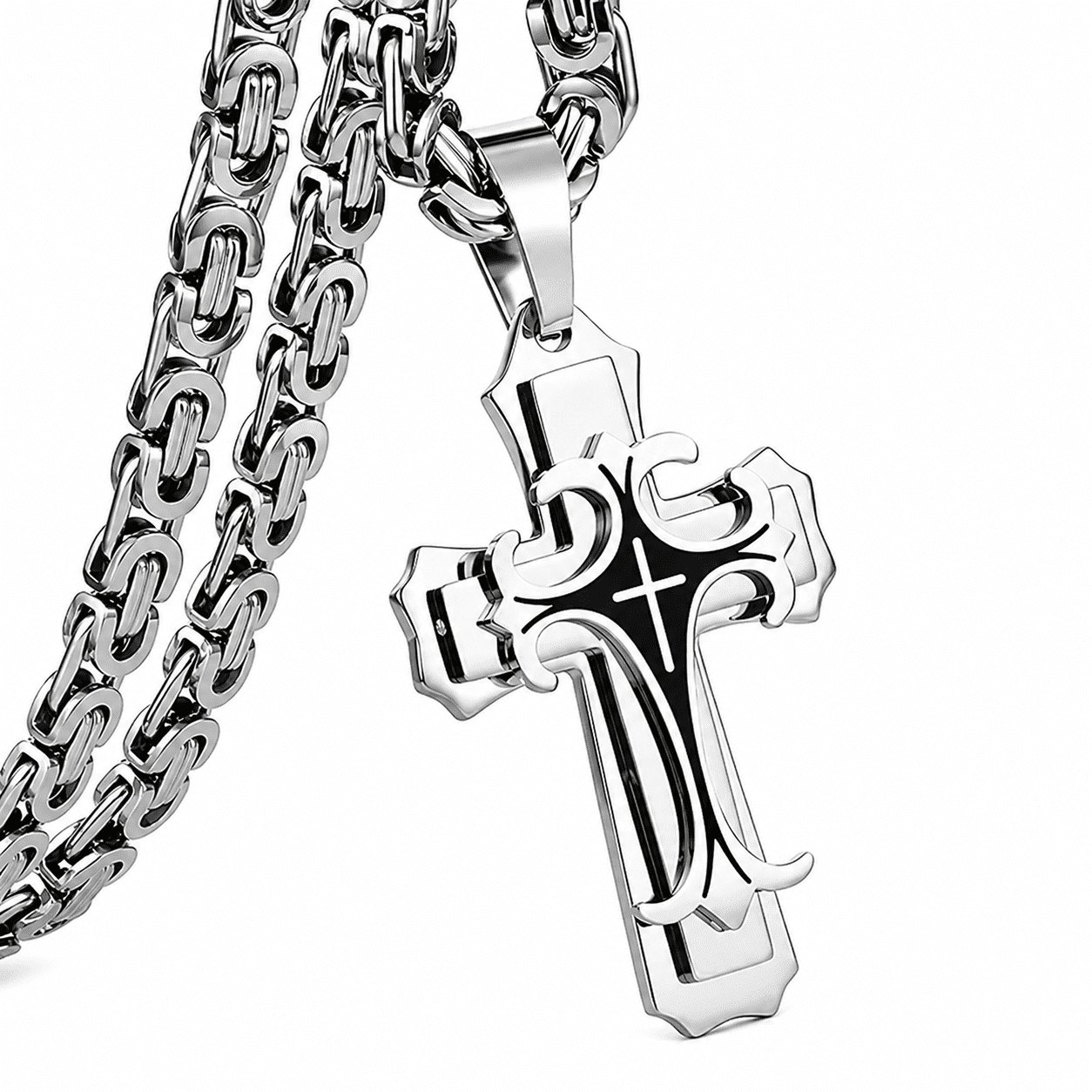 Chunky Stainless Steel Cross Necklace for Men, Silver Byzantine Chain ...