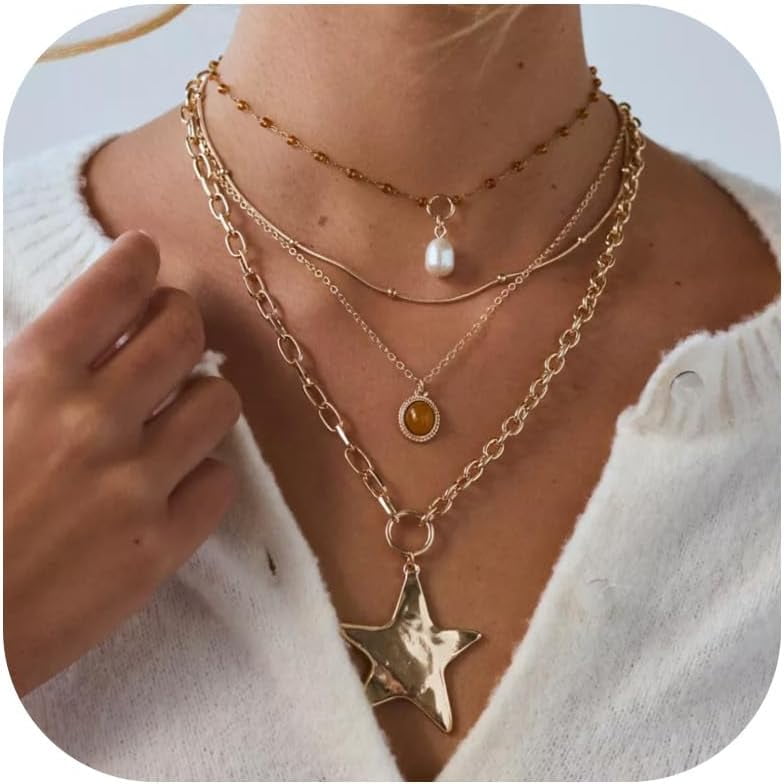 Chunky Star Necklace Big Gold Star Necklaces for Women Layered Chain ...