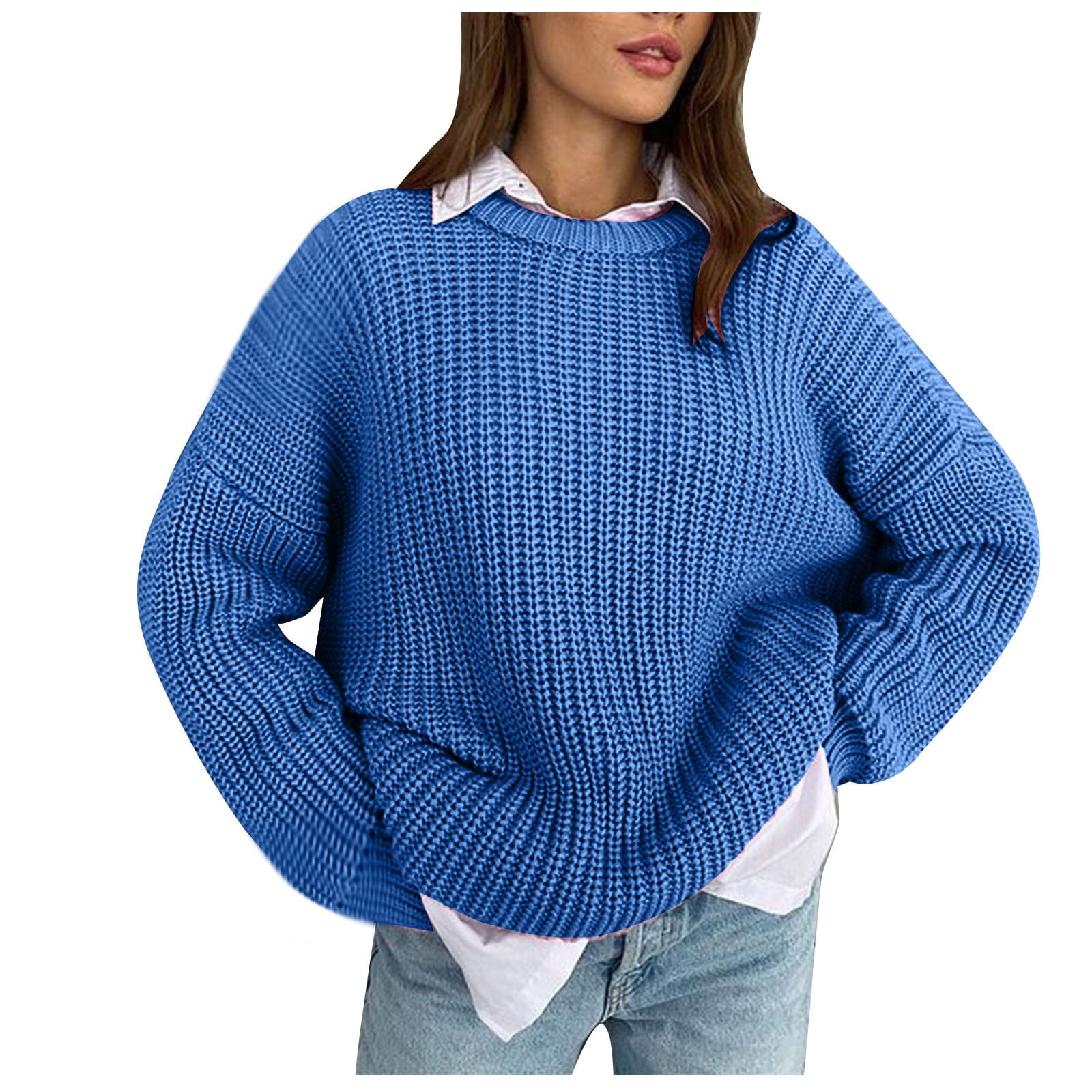 Chunky Sweaters for Women Sweater Loose Round Neck Solid Color Long ...