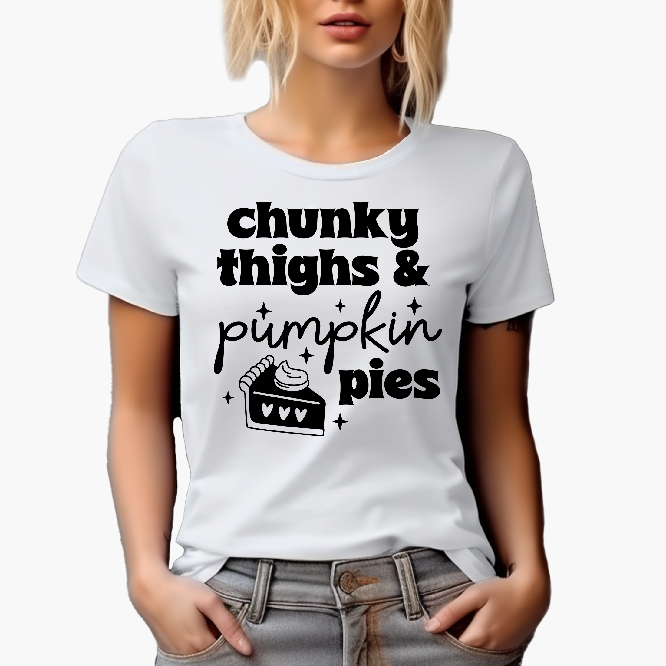 Chunky Thighs & Pumpkin Pies with Fall Pie Art Merch Gift, White T ...