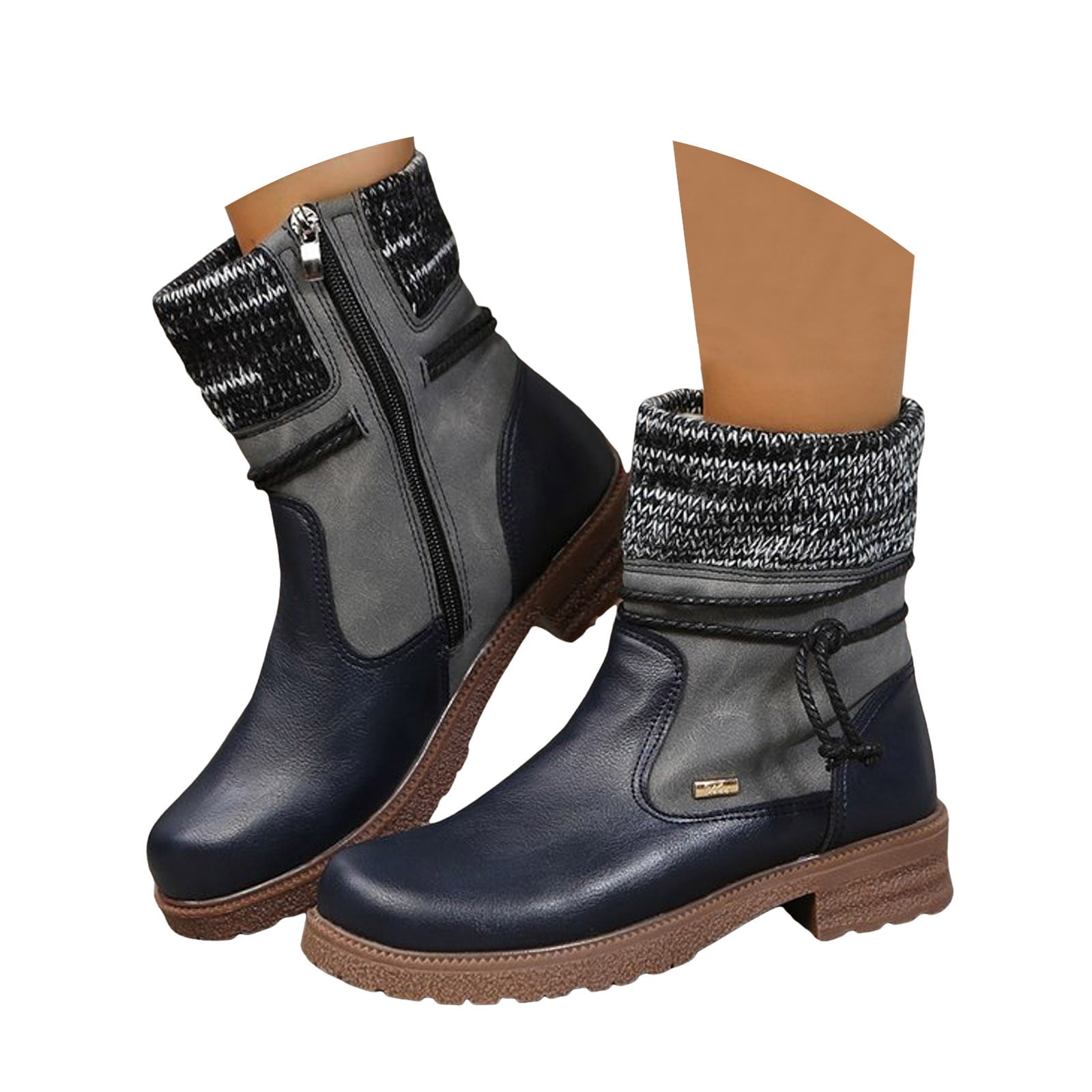 Wide Mid Calf Boots for Women Vintage Casual Leather Knit Low Heel ...