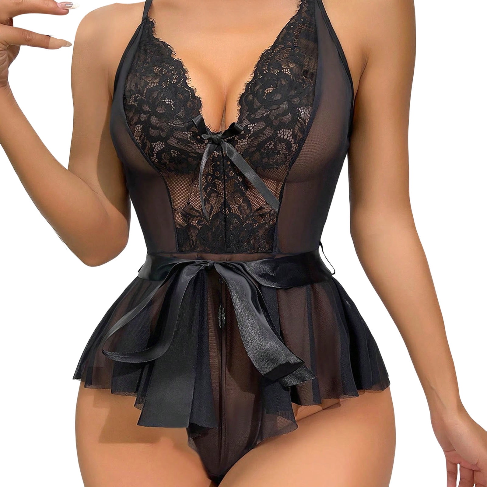 Chunleiiii Womens Sexy Lace Mesh Patchwork Teddy Bodysuit With Waist