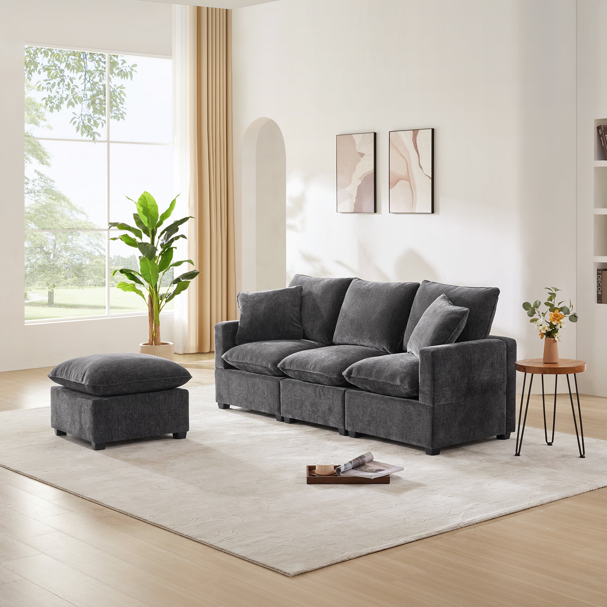 Churanty 3 Seat Chenille Sectional Sofa Couch with Ottoman,Modern ...