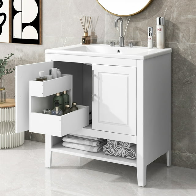 Churanty White 30" Bathroom Vanity Sink Combo, Cabinet with Doors ...
