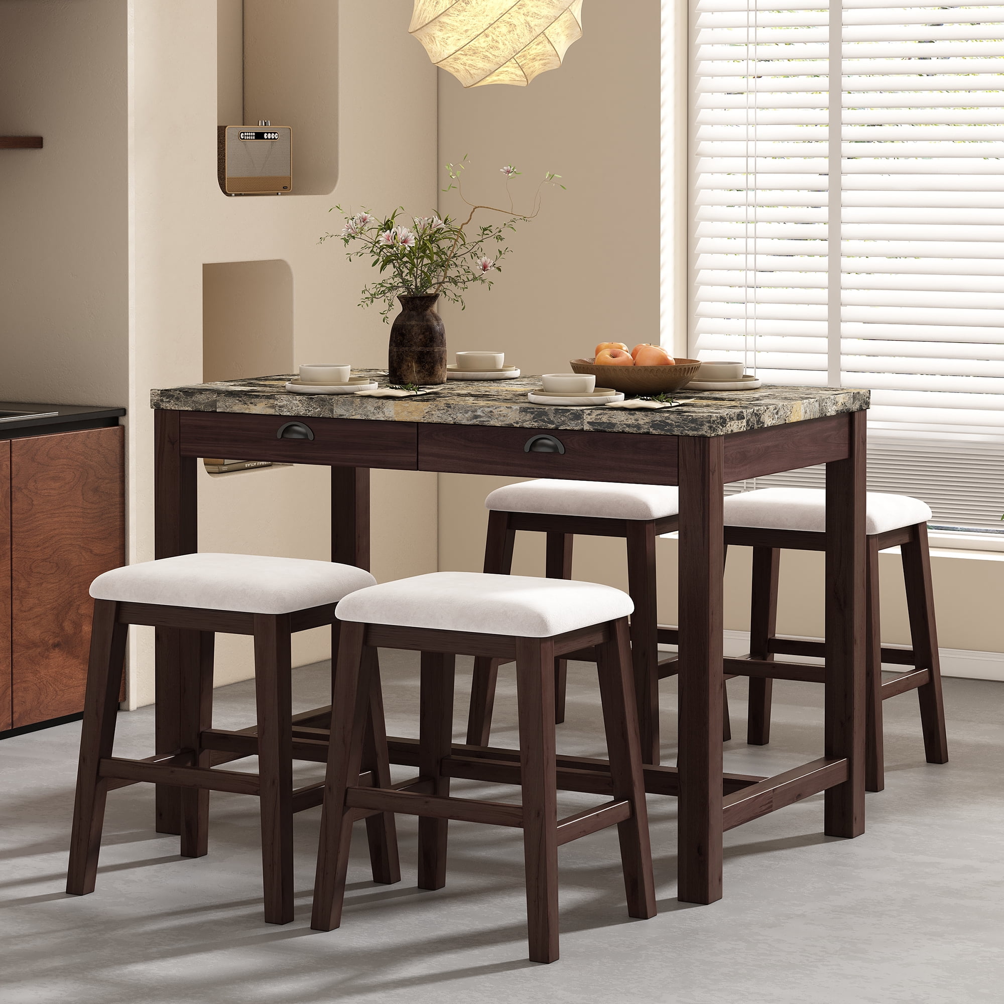 Churanty 5 Pieces Faux Marble Bar Table Set with 4 Stools, Wood ...